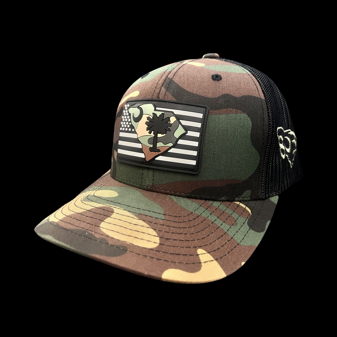 803 Yupoong Performance PVC Patch Army Camo Trucker Hat – Hometown Colors